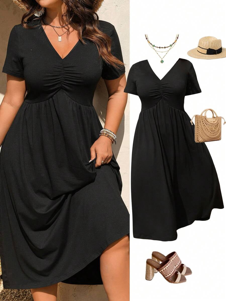 Black Elegant Casual V-Neck Ruched Short Sleeve Knit Plus Size Women ...