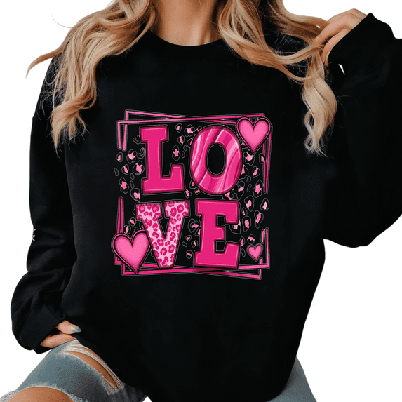 Black Elegant Heart Print Sweatshirt Stylish Heart Graphic Sweatshirt S ...