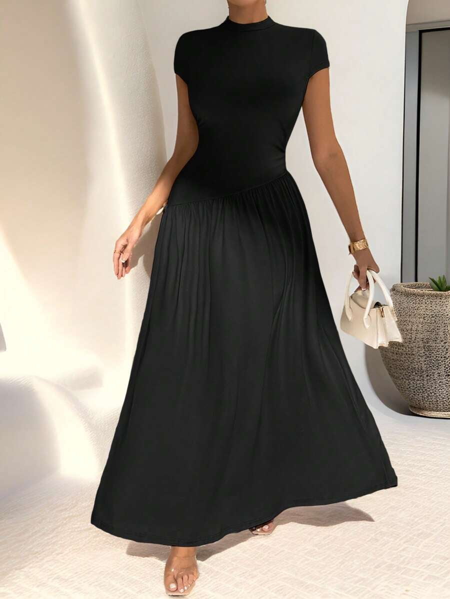 Black Elegant Minimalist Daily Wear High Neck Short Sleeve A-Line Maxi ...