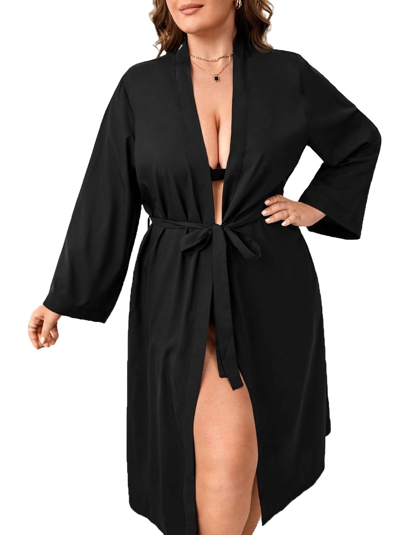 Black Elegant Solid Robes Long Sleeve Plus Size Robes And Robe Sets Womens Plus