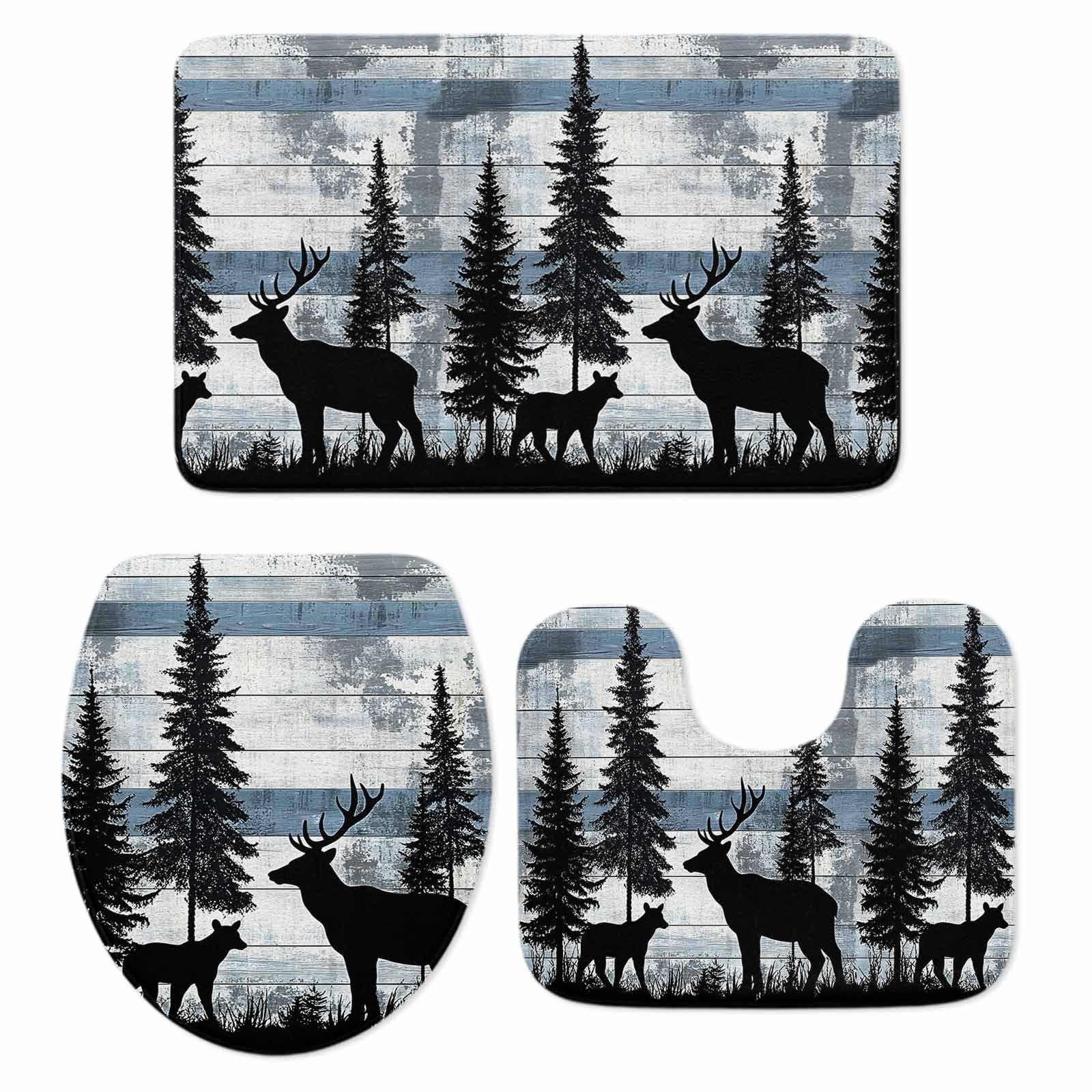 Black Elk Bathroom Rugs Set Navy White Wood Grain Forest Animal Nature ...