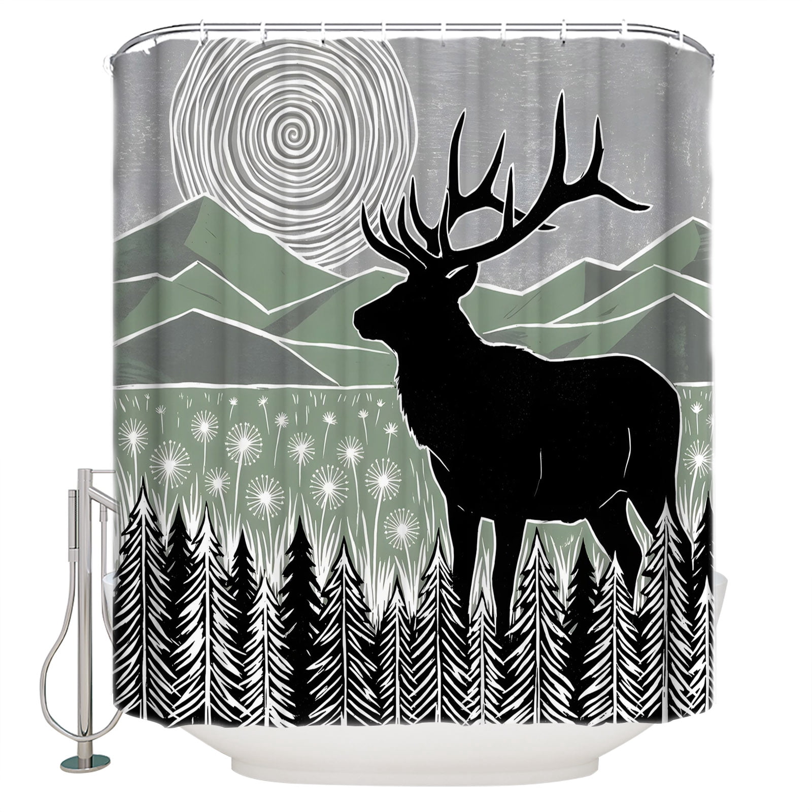 Black Elk Bathroom Shower Curtains with 12 Hooks Polyester Waterproof ...