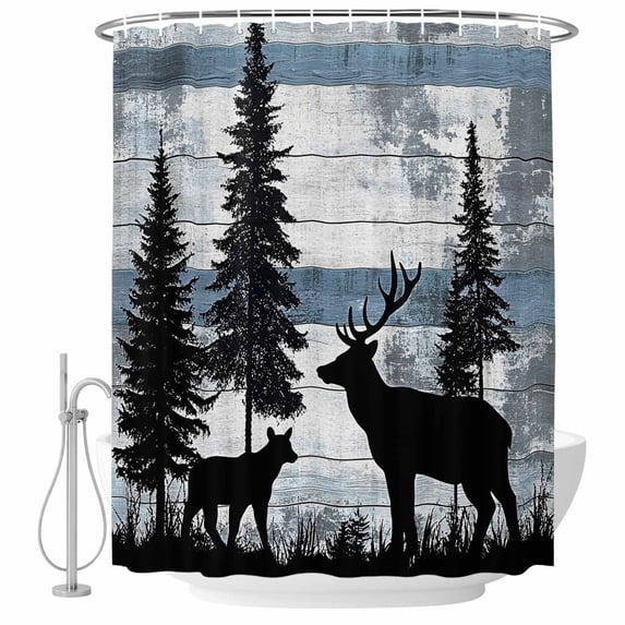 Black Elk Bathroom Shower Curtains with Hooks, Navy White Wood Grain ...