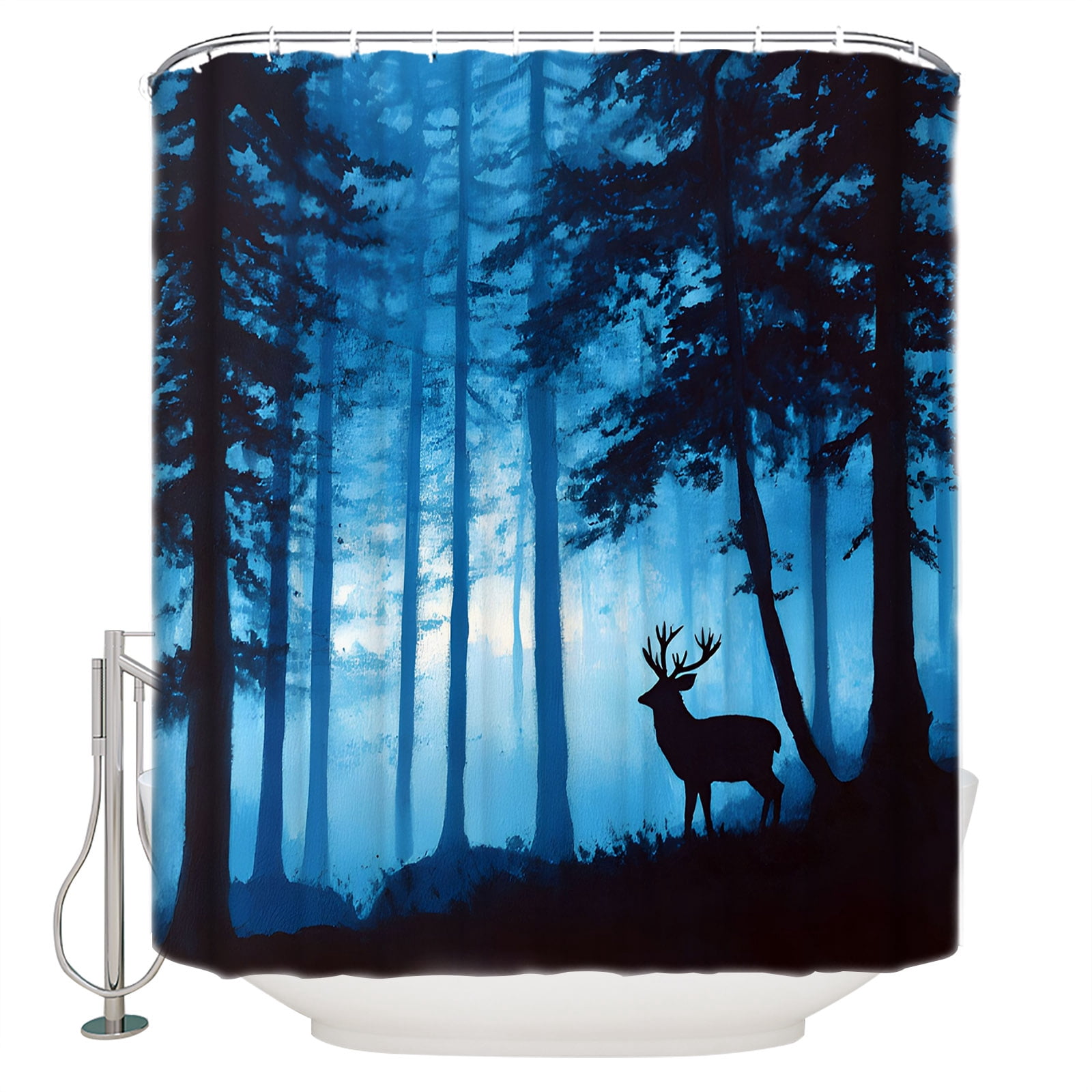 Black Elk Forest Blue Bathroom Shower Curtains with 12 Hooks Polyester ...