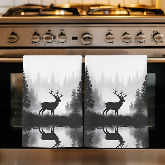 Black Elk Forest Kitchen Towels Set of 1, Silhouettes Animals Retro Art ...