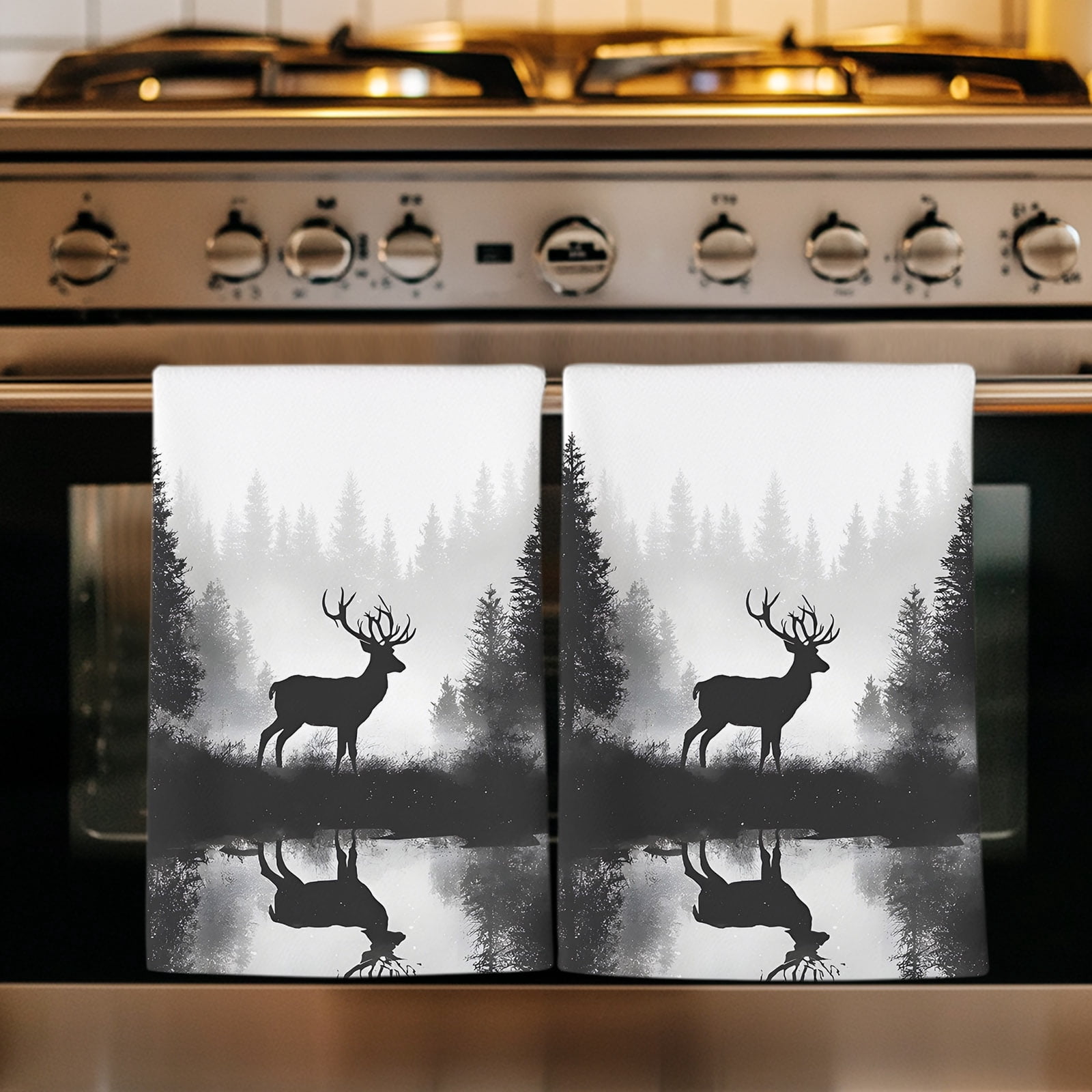 Black Elk Forest Kitchen Towels Set of 3, Silhouettes Animals Retro Art ...