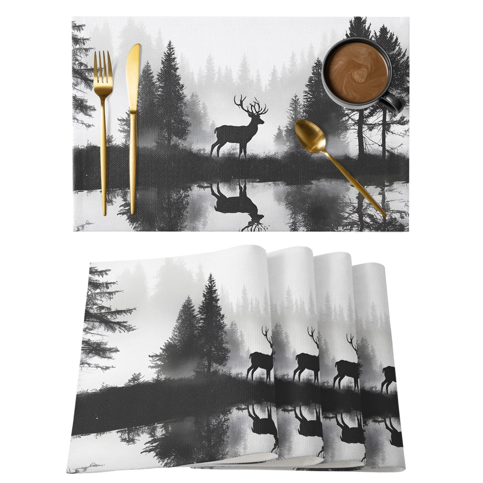 Black Elk Forest Placemats Set of 4 Silhouettes Animals Retro Art Place ...