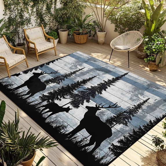 Black Elk Outdoor Rug, Navy White Wood Grain Forest Animal Nature Non ...