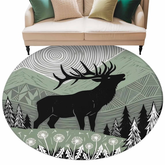 Black Elk Round Rug 8ft Washable Circle Rugs Non Slip Farm Animals ...