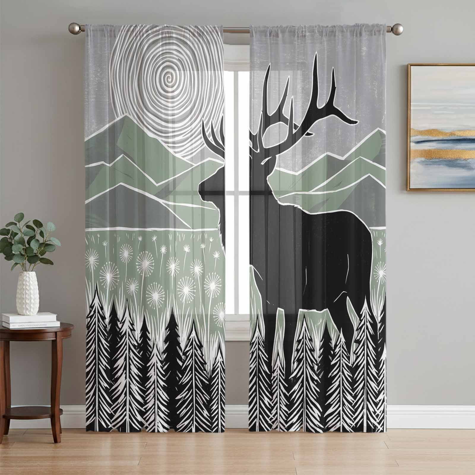 Black Elk Sheer Curtains for Living Room Bedroom Farm Animals Sage ...