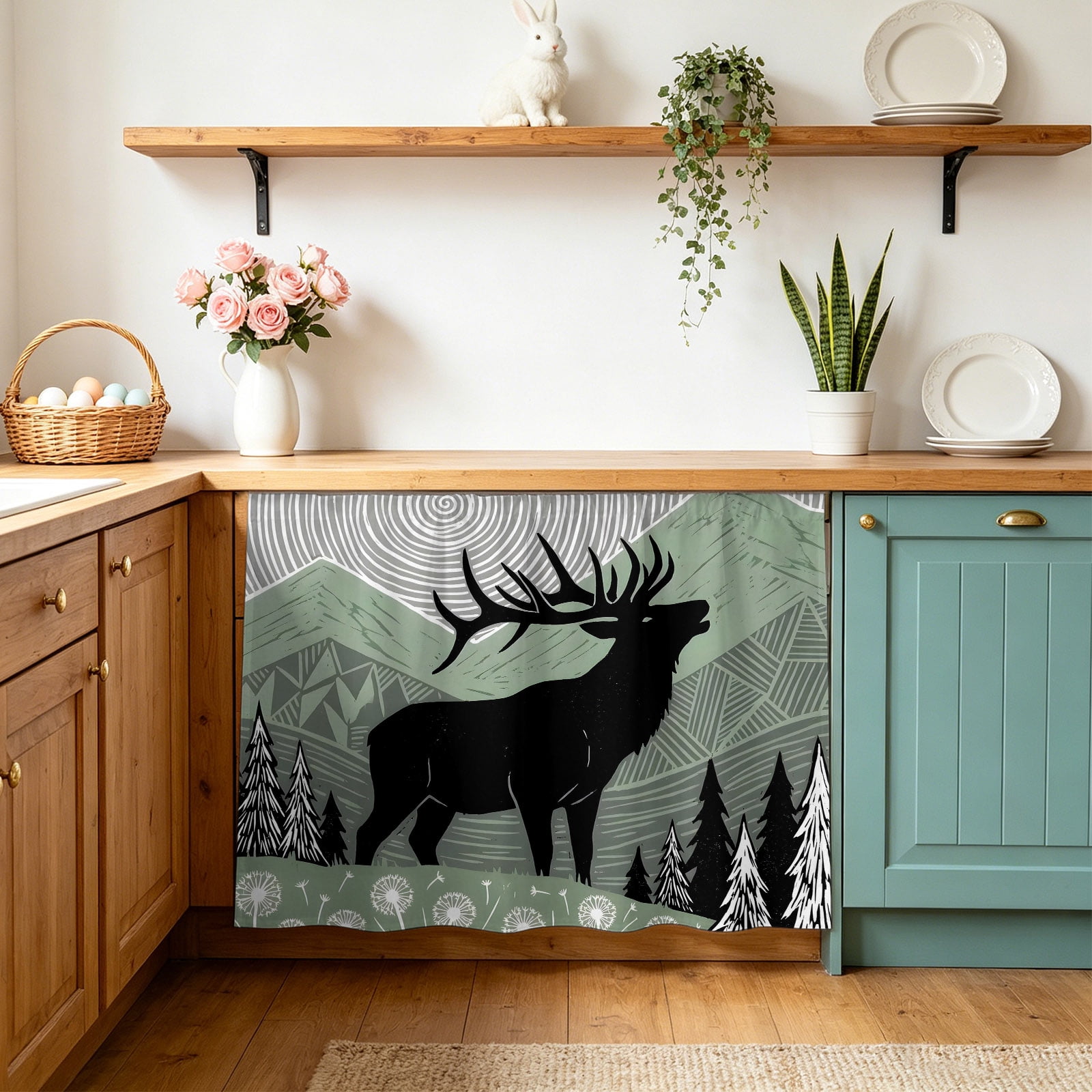 Black Elk Silhouette Cabinet Curtains 11"Wx13"L, Pine Forest Sage Green ...