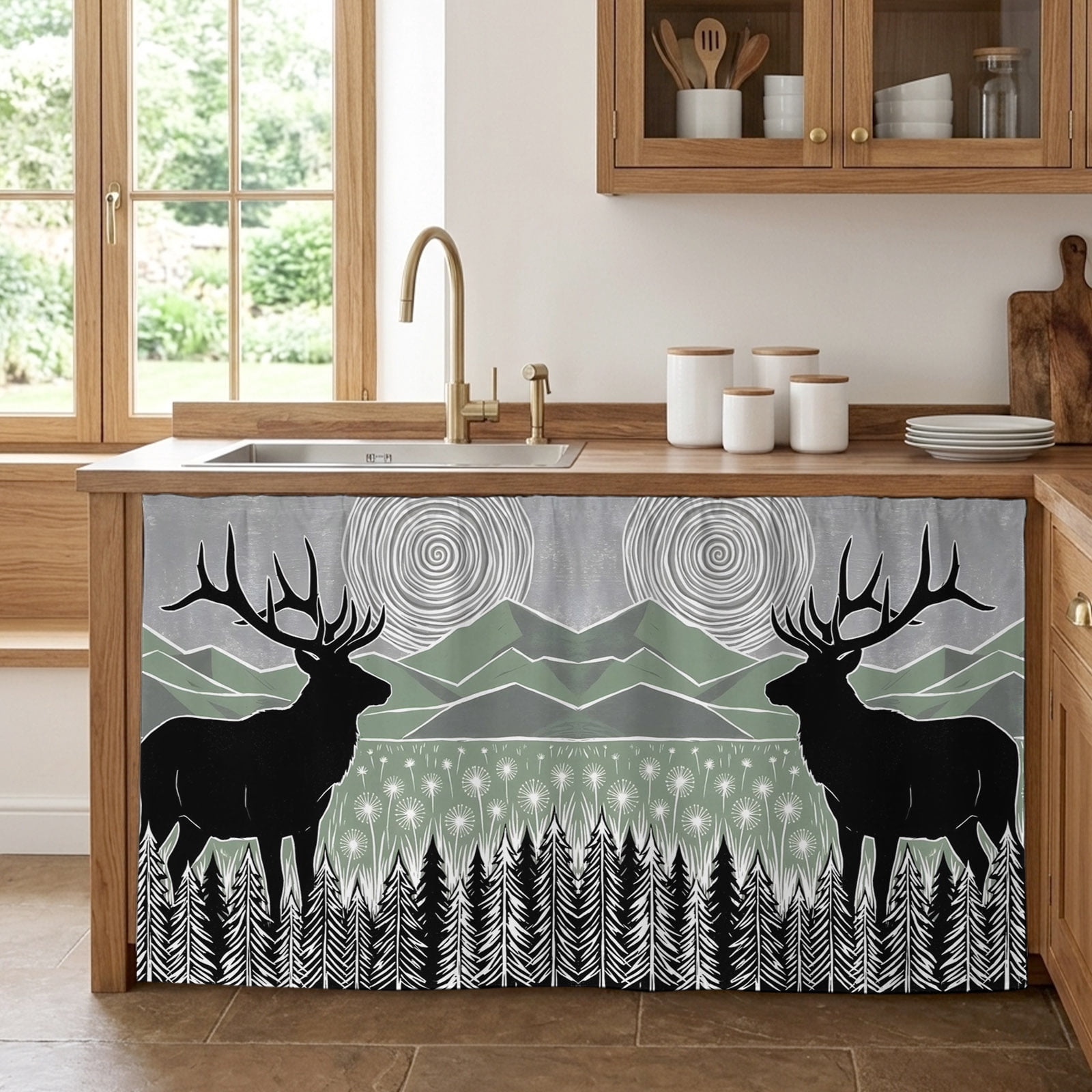 Black Elk Silhouette Cabinet Curtains 32"Wx55"L, Pine Forest Sage Green ...