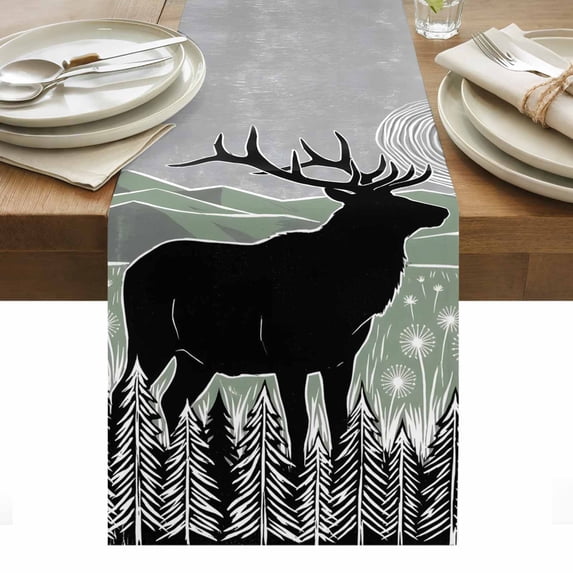 Black Elk Silhouette Cotton Linen Table Runner Pine Forest Sage Green ...