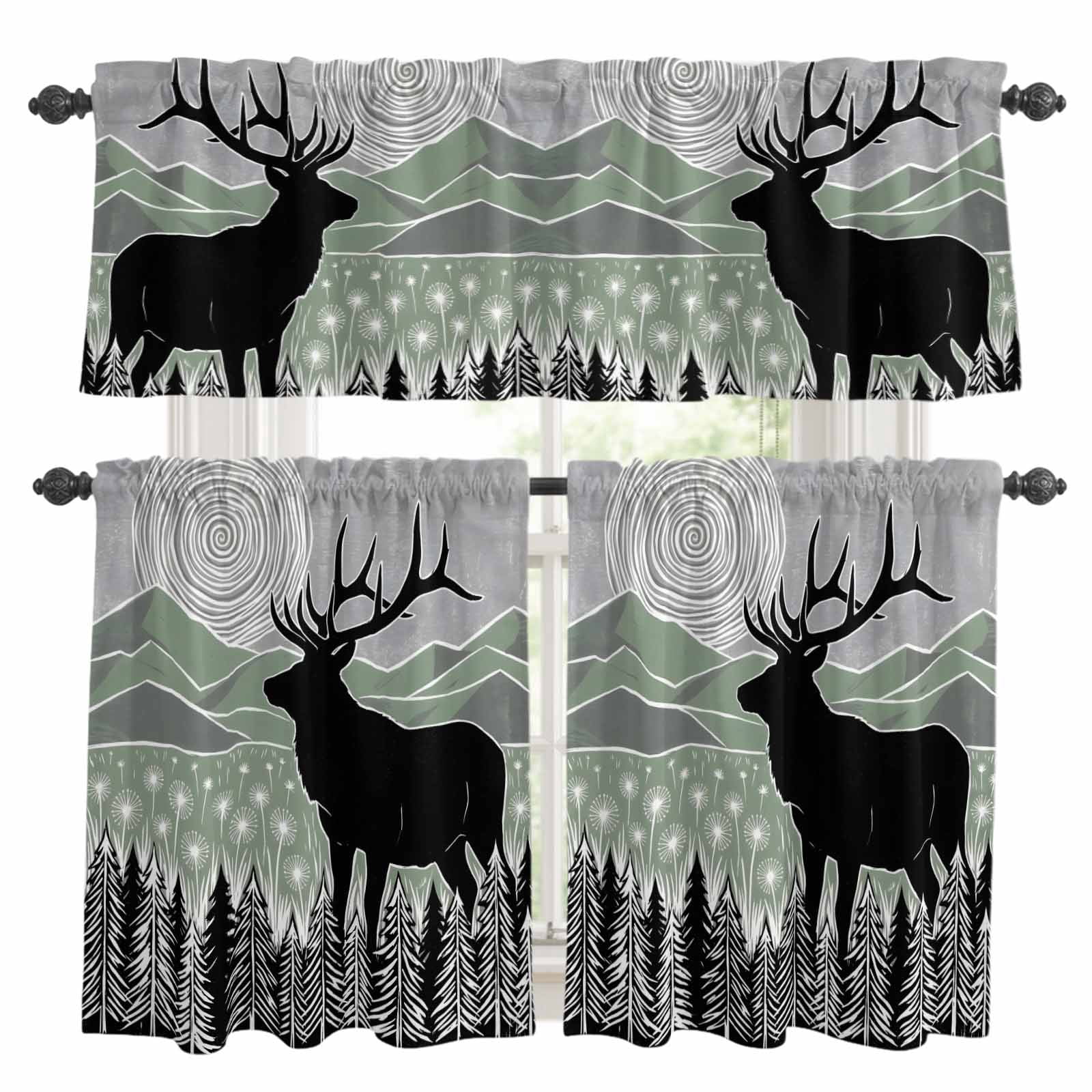 Black Elk Silhouette Kitchen Curtains Set for Windows, Pine Forest Sage ...