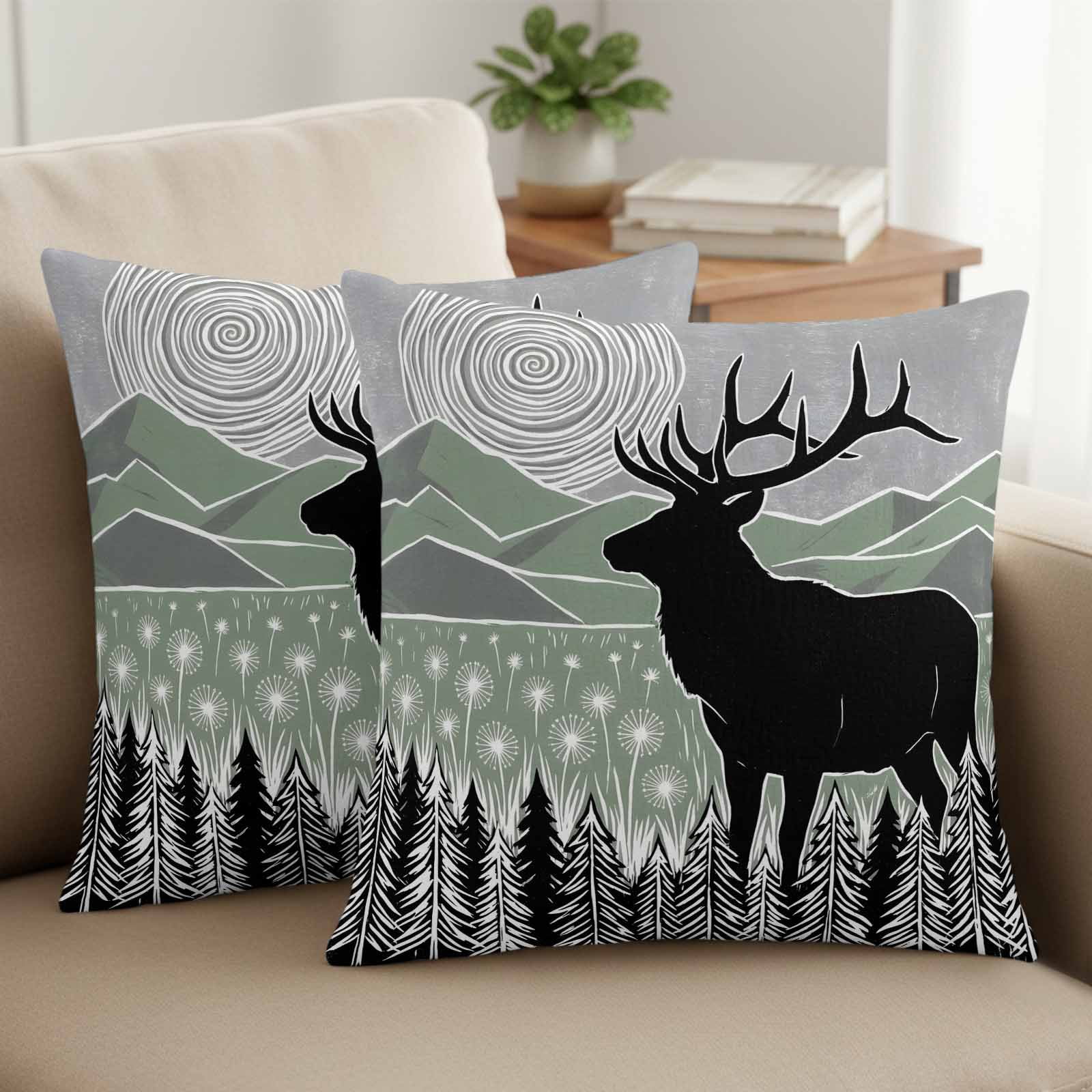 Black Elk Silhouette Pillow Covers Set of 2, Pine Forest Sage Green ...