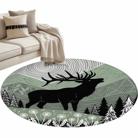 Black Elk Silhouette Round Living Room Rugs 3.3 ft, Pine Forest Sage ...
