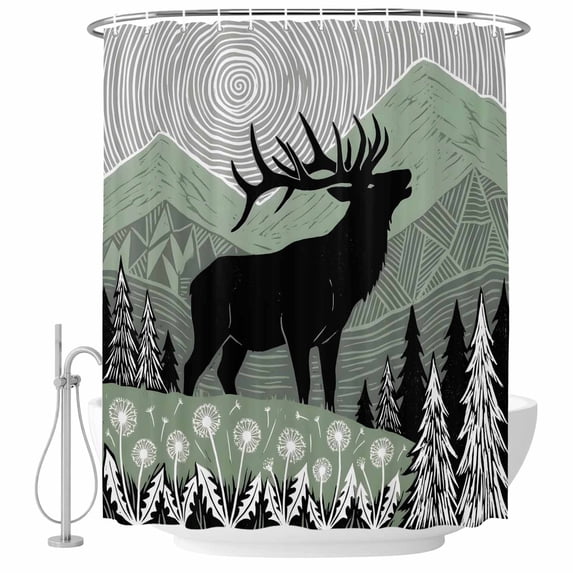 Black Elk Silhouette Shower Curtain for Bathroom, Pine Forest Sage ...