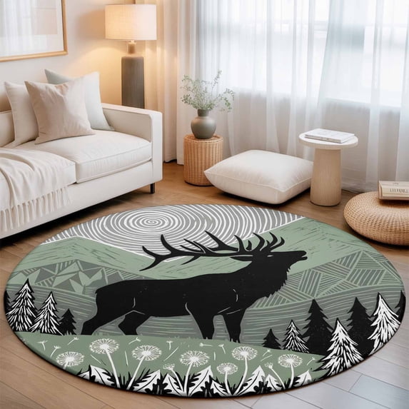 Black Elk Silhouette Washable Round Area Rug 3 ft, Pine Forest Sage ...