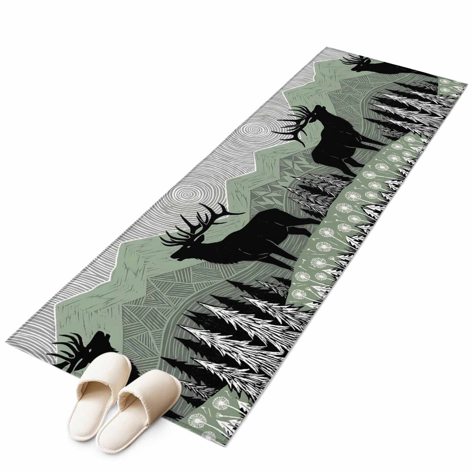 Black Elk Silhouette Washable Runner Rugs 2'x6', Pine Forest Sage Green ...
