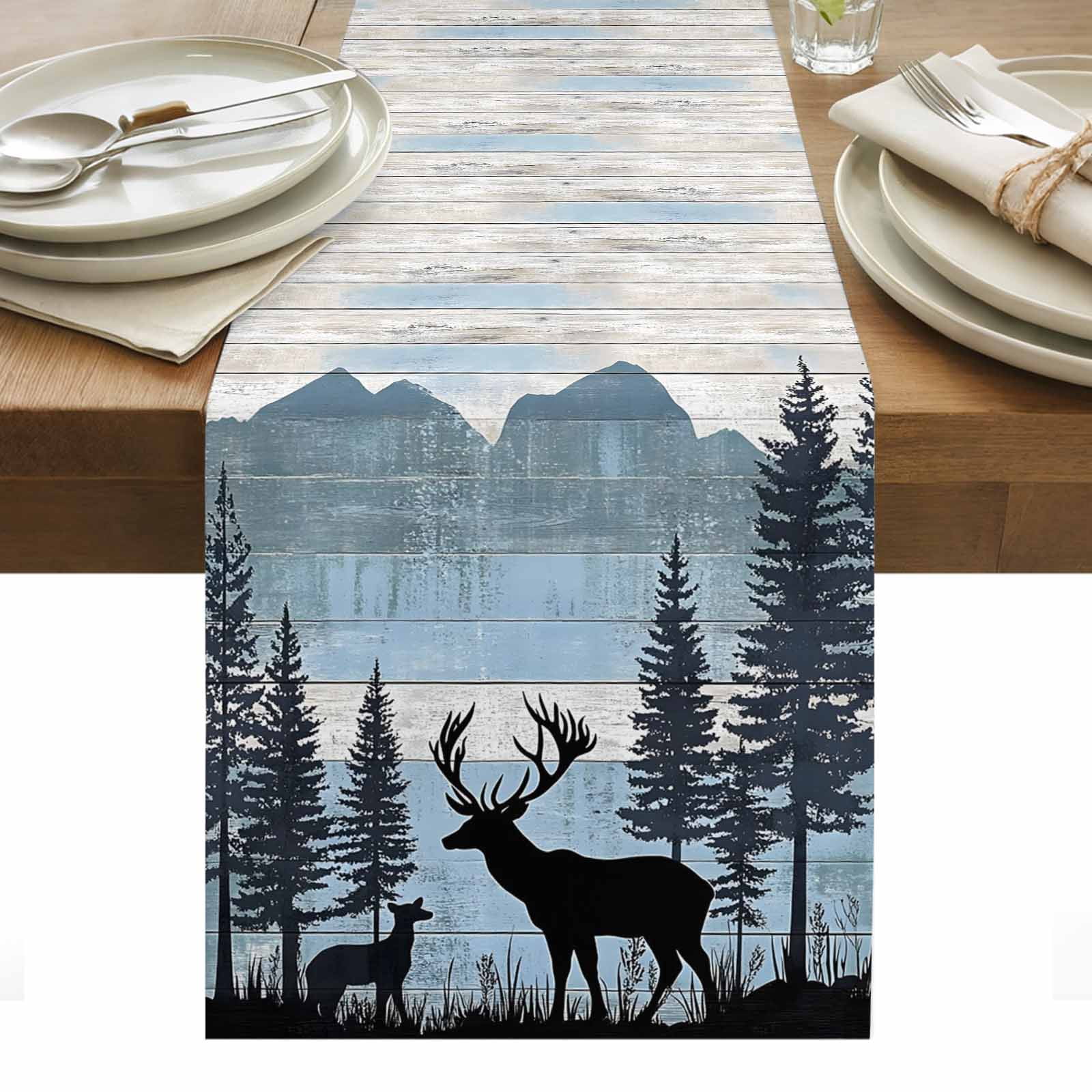 Black Elk Table Runner 13 x 72 Inch, Navy White Wood Grain Forest ...