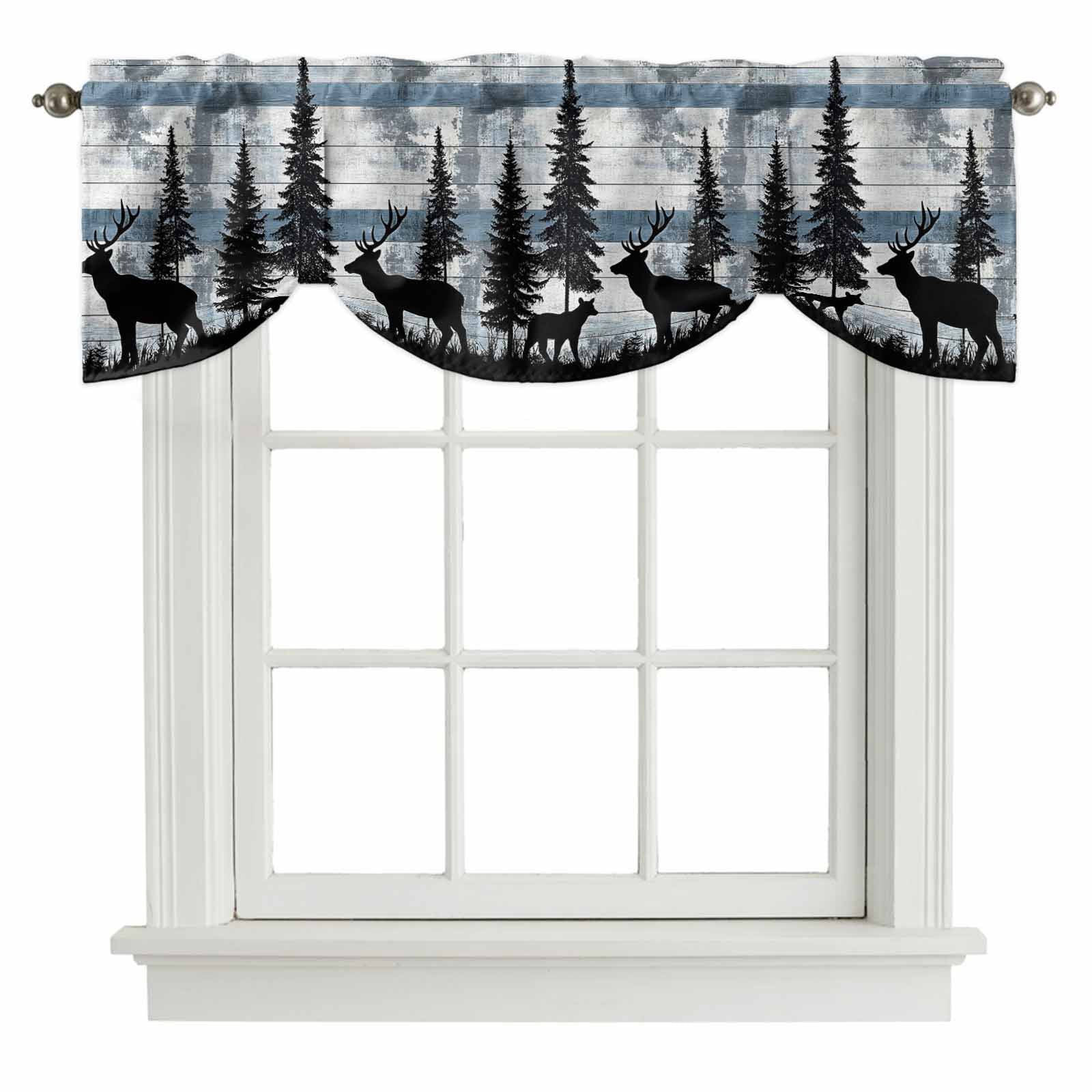 Black Elk Tie Up Valance Curtains Navy White Wood Grain Forest Animal ...