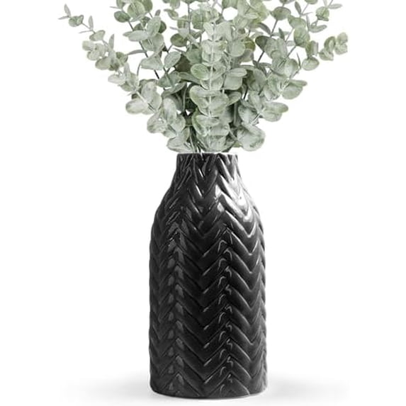Black Embossed Ceramic Vase, 8 Inch Decorative Vase for Home Decor ...