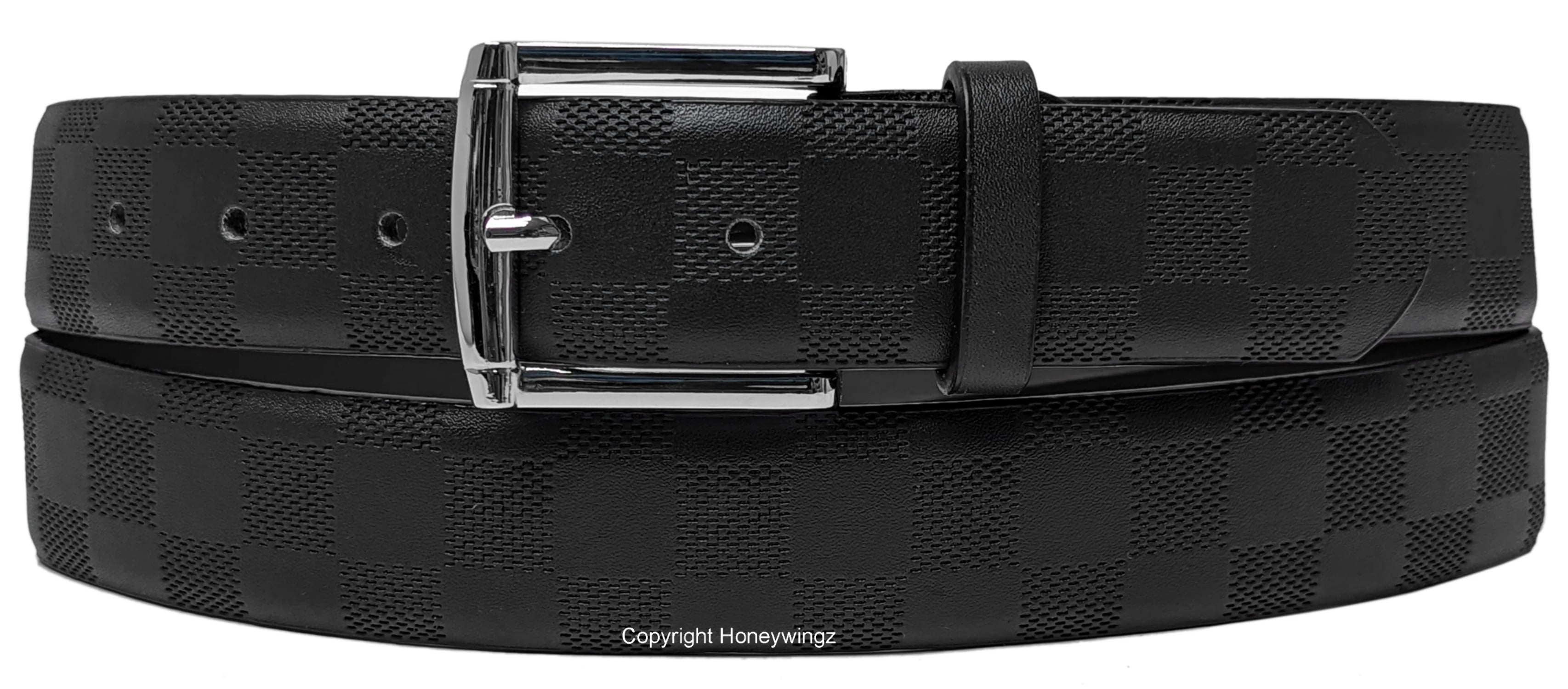 Black Embossed Checkers Bonded Leather Belt with Silver Chrome Belt ...