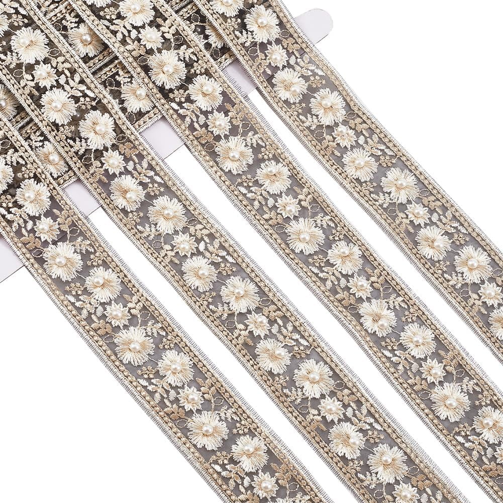 Black Embroidery Jacquard Lace Trim Polyester Imitation Pearl Beads ...