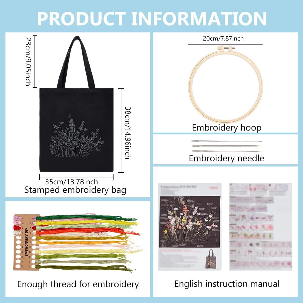 Black Embroidery Tote Bag Kit Mixed Flower Tote Bag Canvas Tote Bag ...