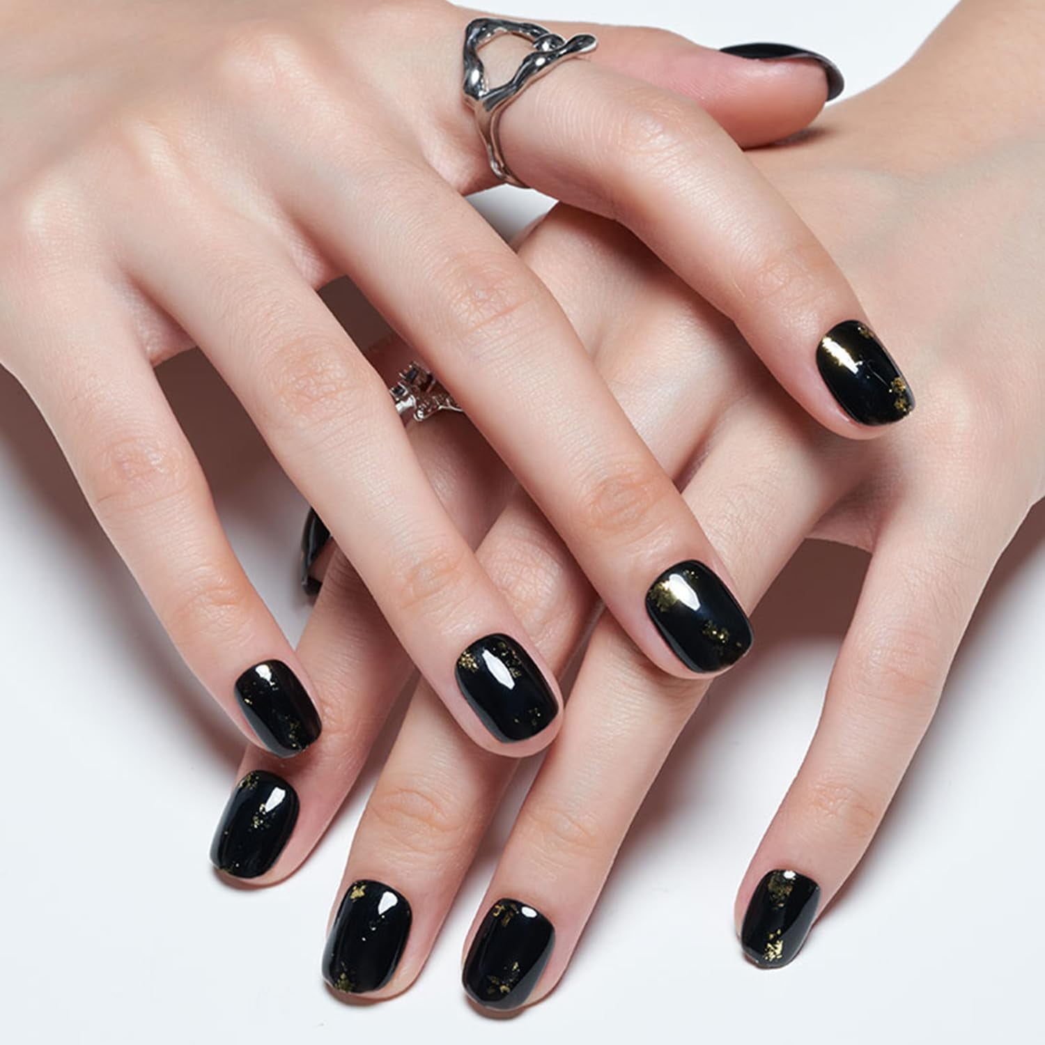 Black Emo Press on Nails Extra Short Square, Handmade Gold Foil Jelly ...