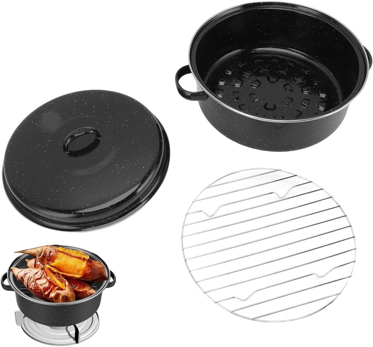 Black Enamel Roaster Pan with Rack & Lid for BBQ & Baked Sweet ...