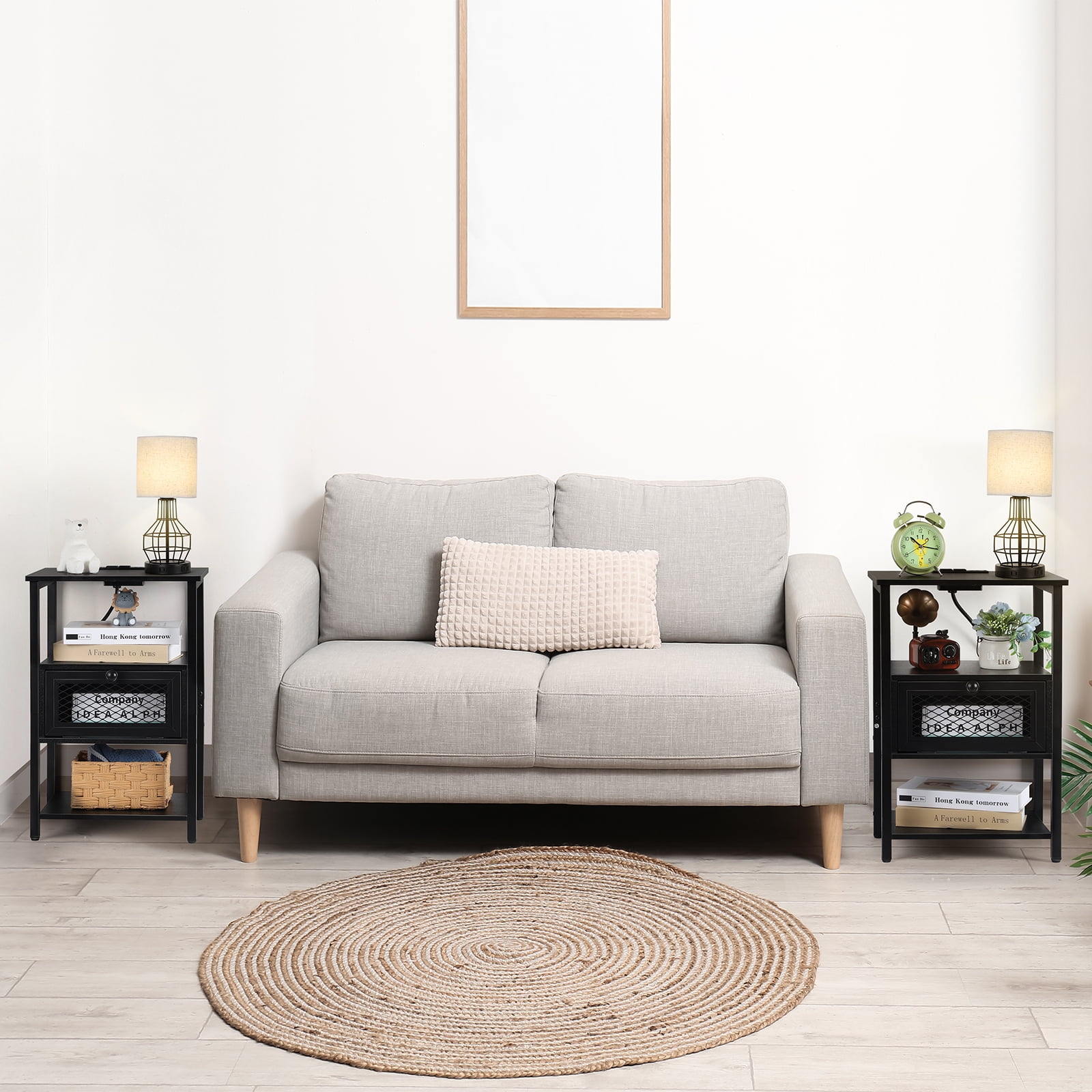 Black End Table with Charging Station 2 Bedside Tables with Magnetic ...