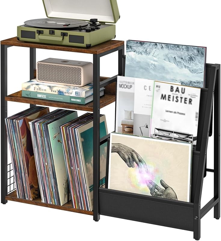 Black End Table,Record Player Stand with Vinyl Storage,3 Tier Side ...