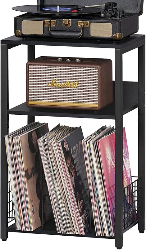 Black End Table,Record Player Stand with Vinyl Storage,3 Tier Side ...