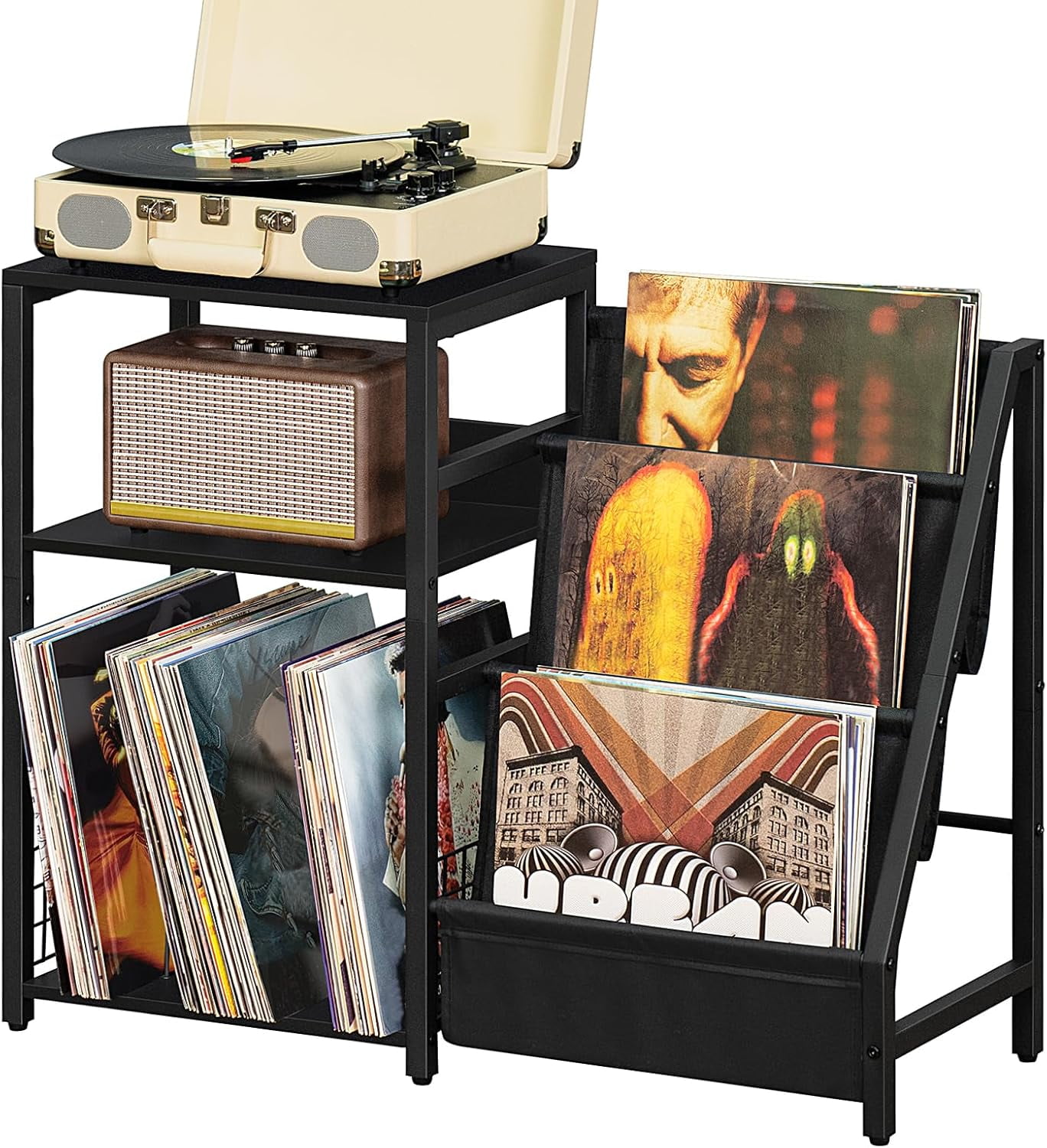**black end table,record player stand with vinyl storage,3 tier side ...