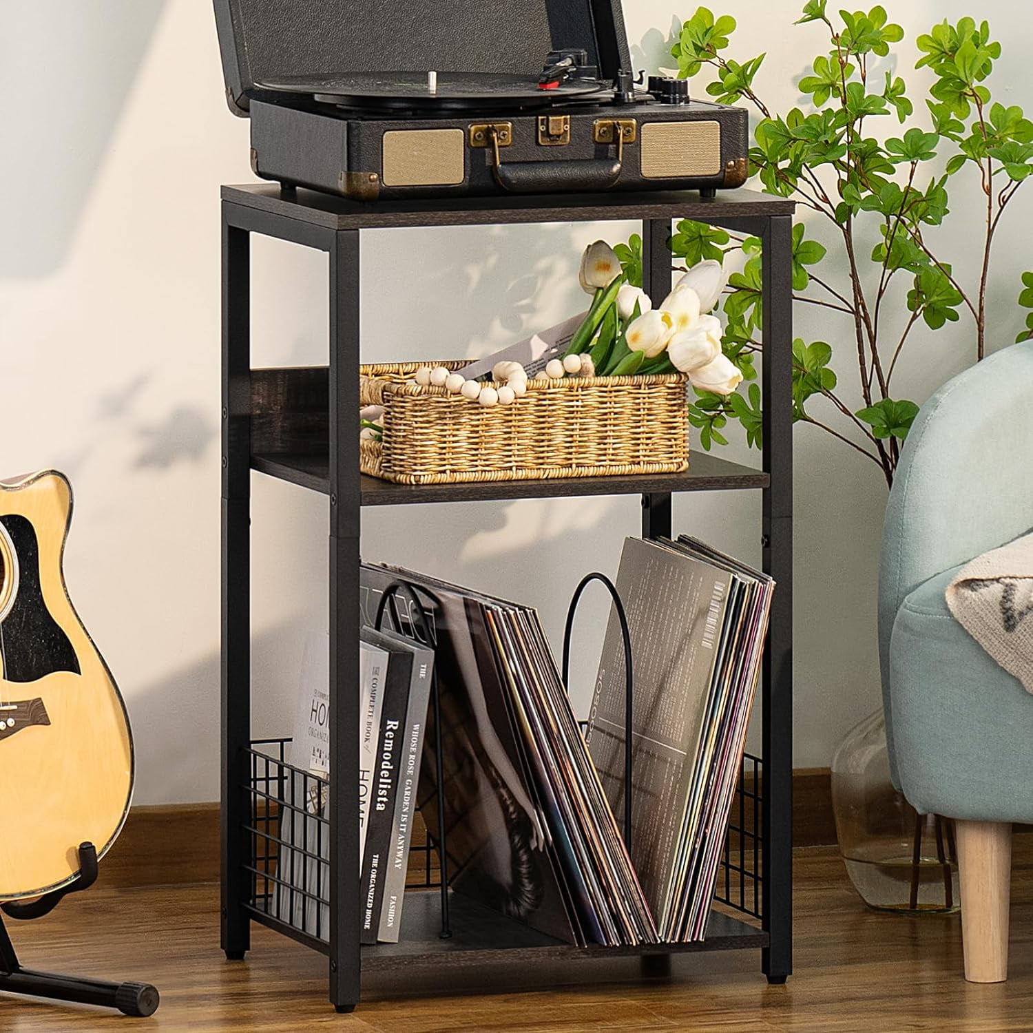 Black End Table,Record Player Stand with Vinyl Storage,3 Tier Side ...