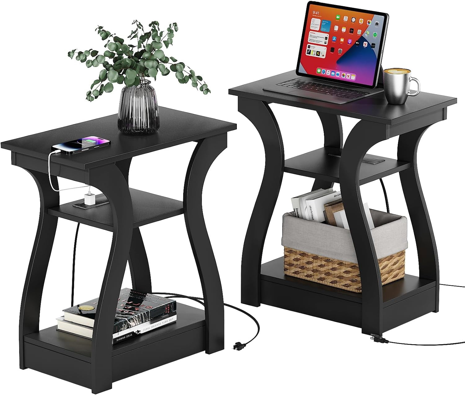 black end table set of 2 with charging station, side table with usb ...
