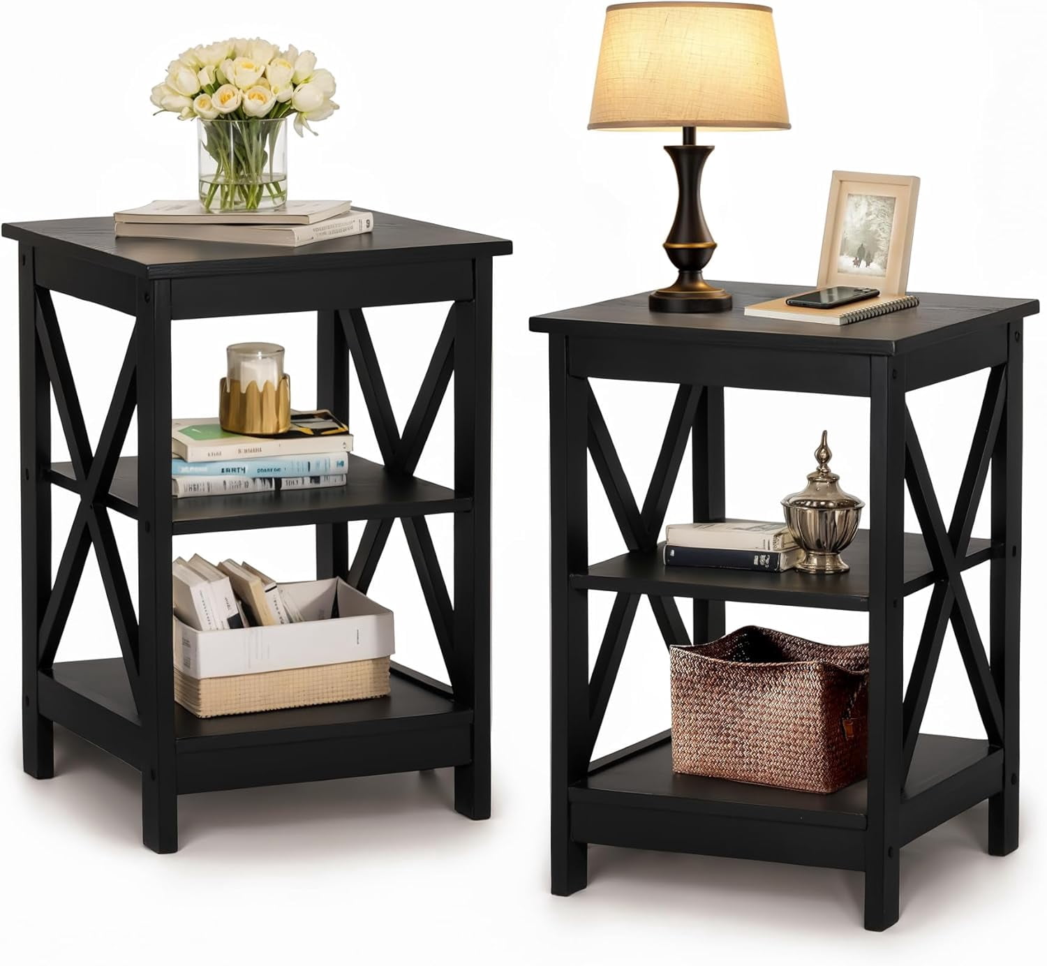 Black End Table, Side Table for Living Room Set of 2, Nightstand ...