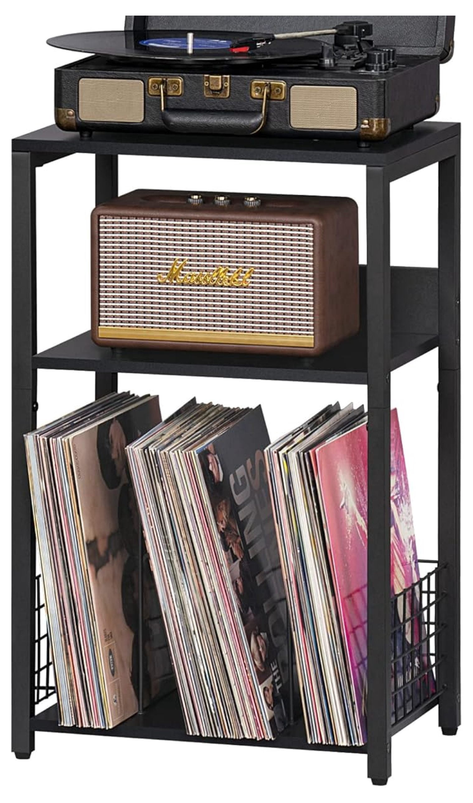 Black End Table, Small Side Table with Metal Frame,Modern Record Player ...