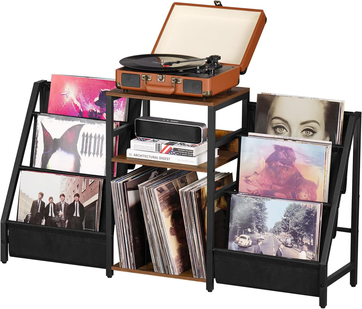 Black End Table, Small Side Table with Metal Frame,Modern Record Player ...