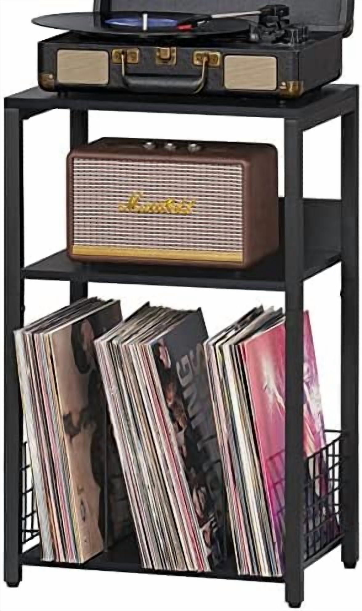 Black End Table, Small Side Table with Metal Frame,Modern Record Player ...