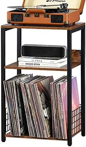 Black End Table, Small Side Table with Metal Frame,Modern Record Player ...