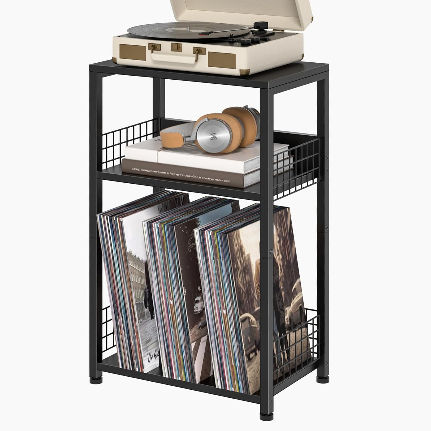 Black End Table, Small Side Table with Metal Frame,Modern Record Player ...