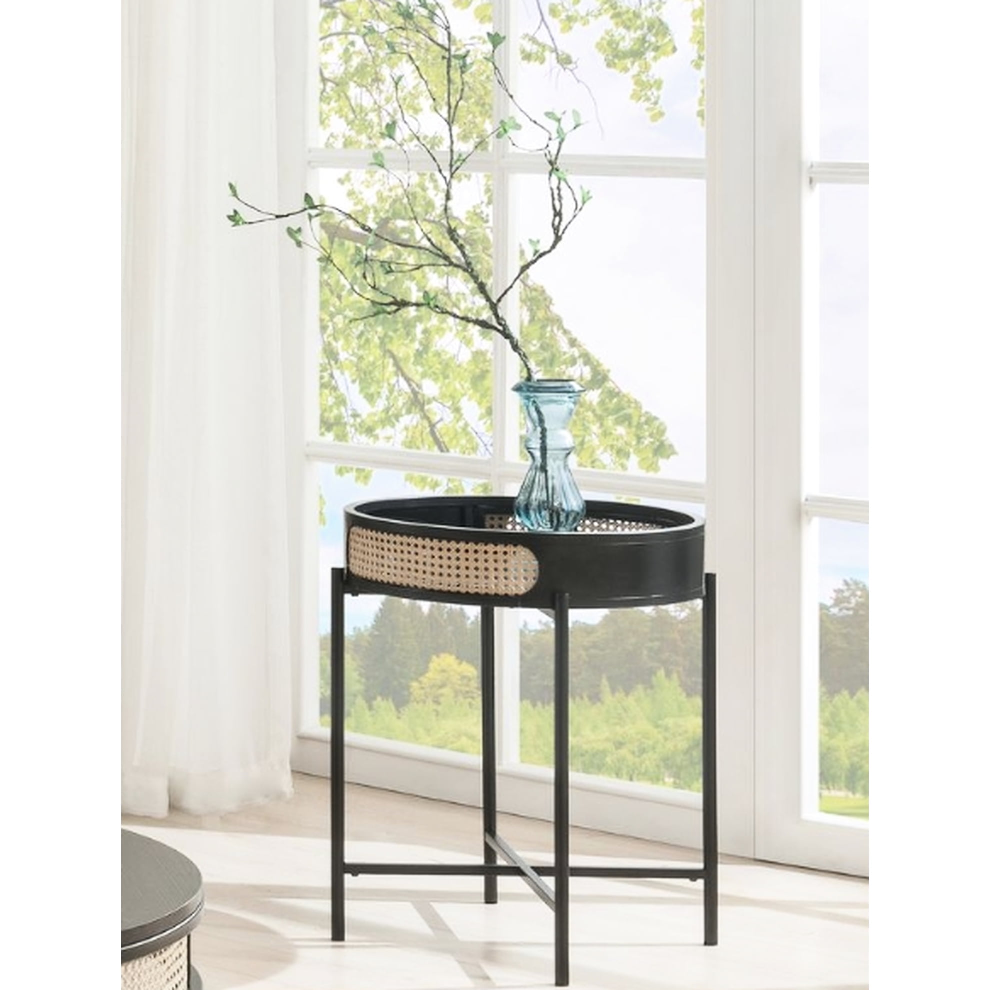 Black End Table With Wooden Surface, Metal Legs, Insert And Storage ...