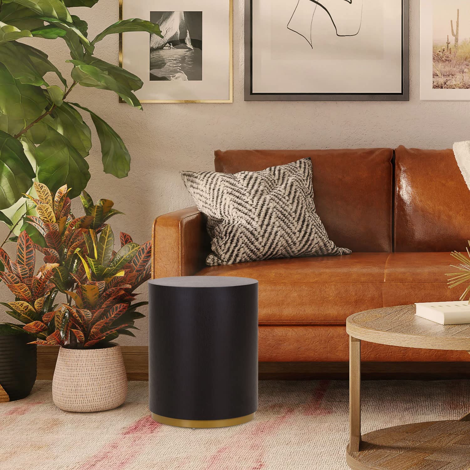 Black End Table with Gold Rim Bottom, Round Coffee Table for Small ...