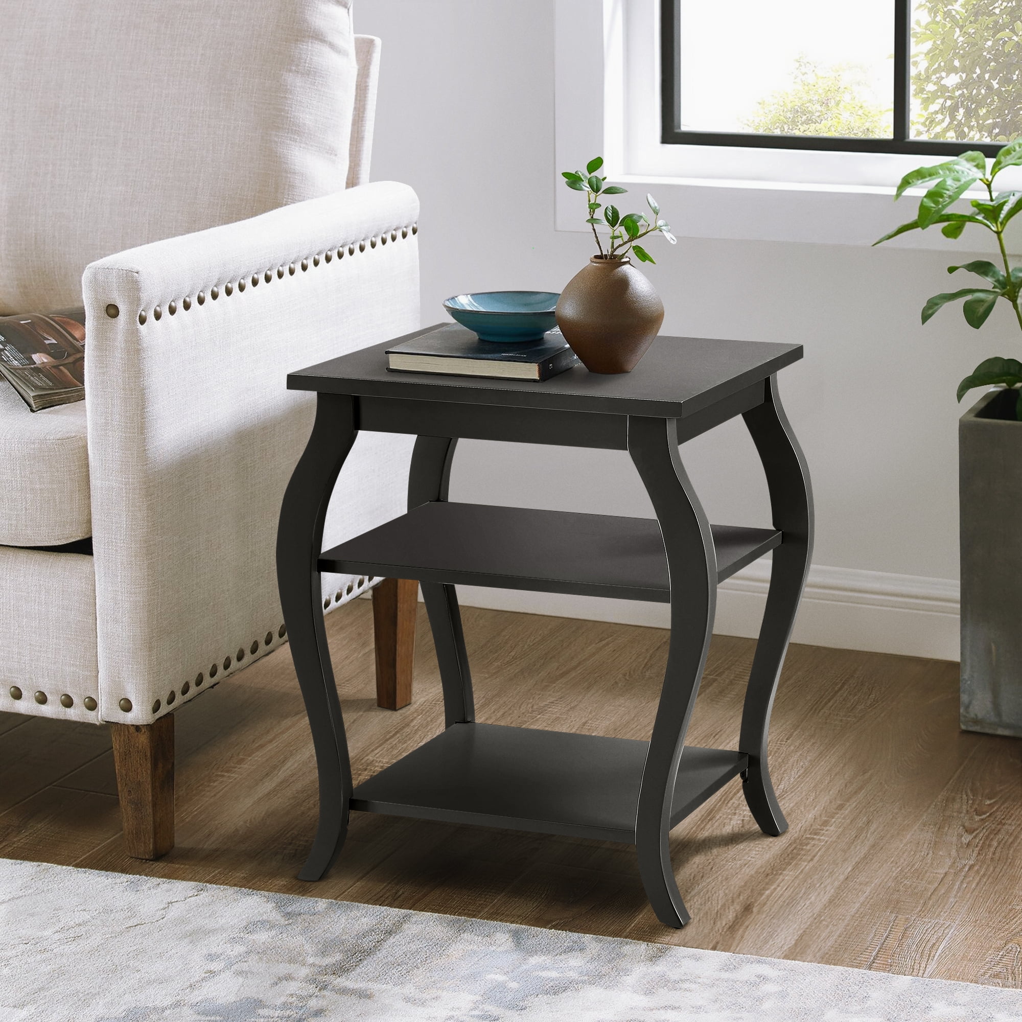 Black End Table with Two Open Shelves for Living Room, Wooden Square ...