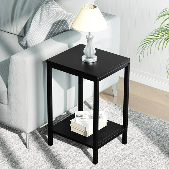 Black End Tables Small Side Table with Storage Wood Night Stand Metal Frames 2 Tier Bedside ...