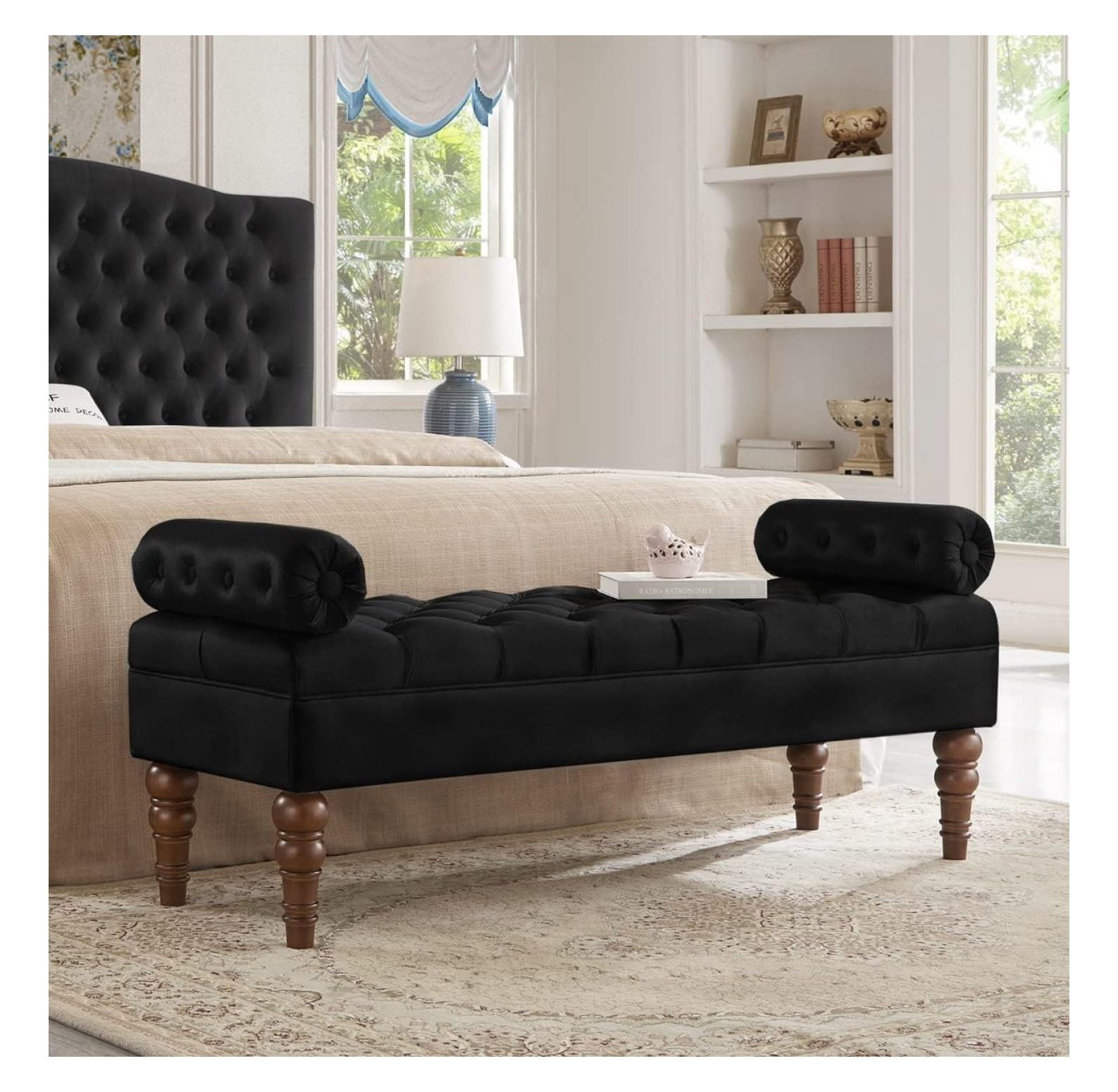 Black End of Bed Bench, Velvet Long Bench for Bedroom,Upholstered ...