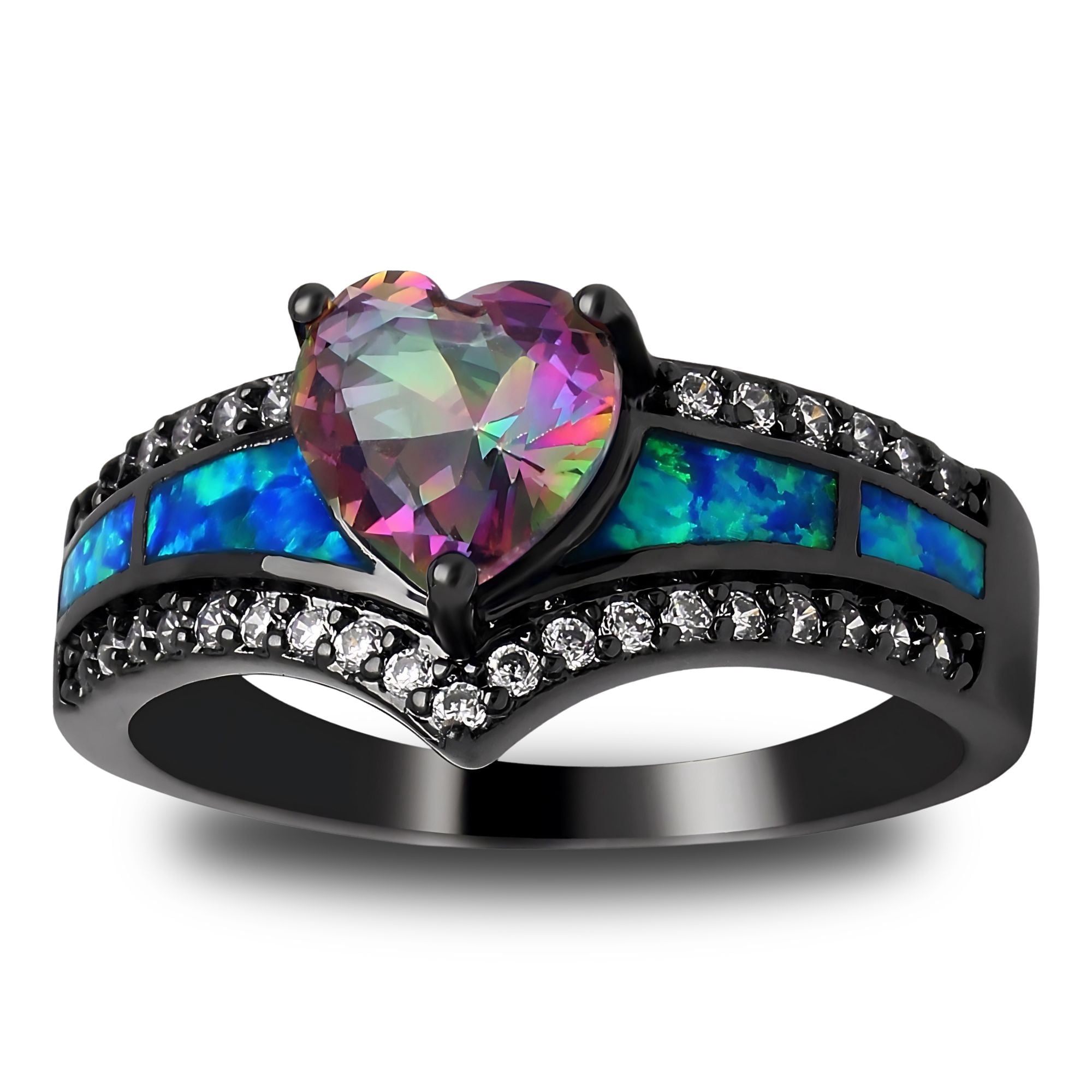 Black Engagement Ring for Women Mystic Topaz CZ Heart Promise Ring Gift ...