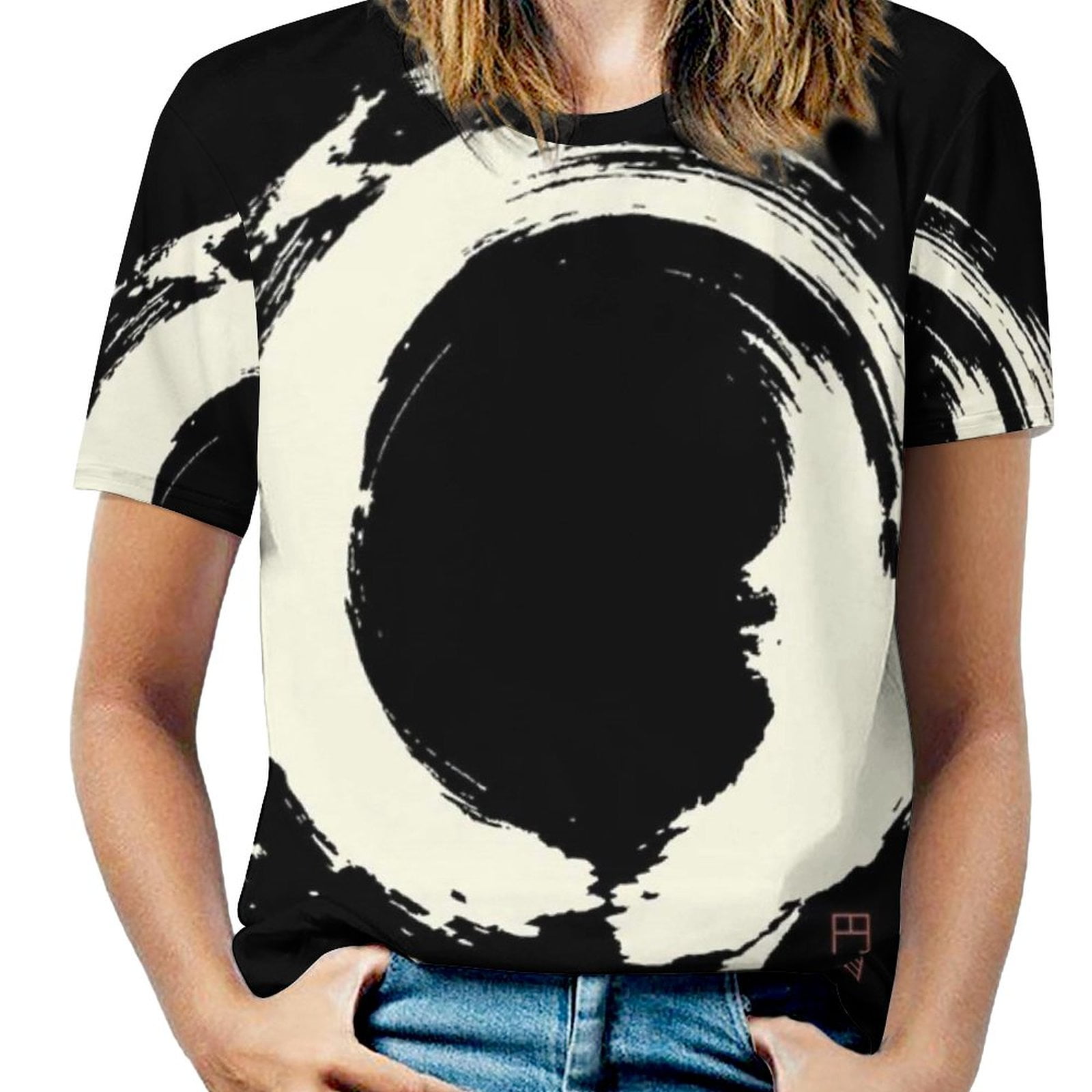 Black Ensō / Japanese Zen Circle Print O-Neck Off-The-Shoulder Top ...